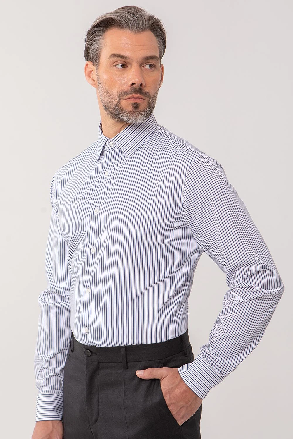 CHEMISE HOMME L’ÉCHAPPÉE RAYÉE BLEUE MARINE - Blanc du ciel